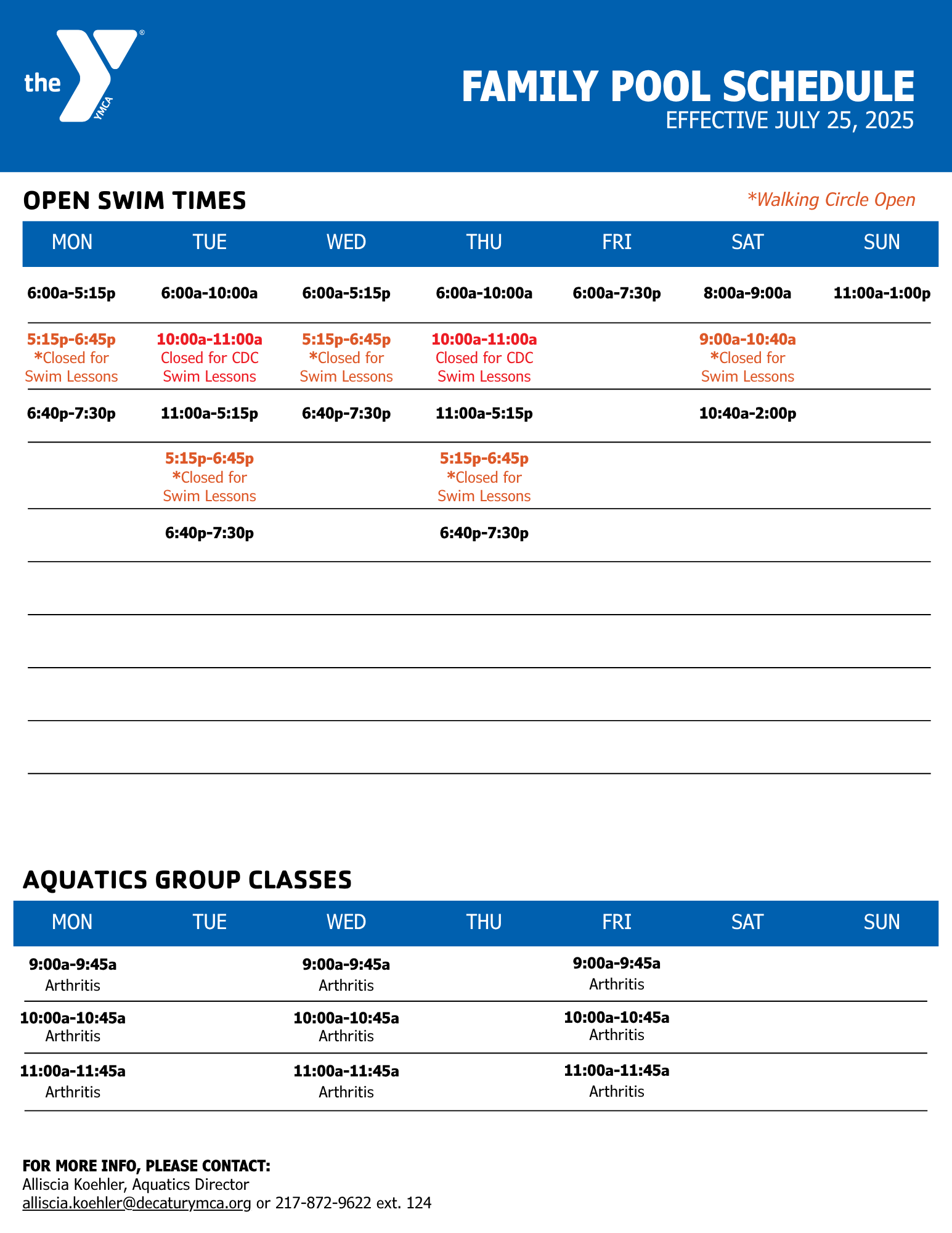 Pool Schedule | Decatur Family YMCA
